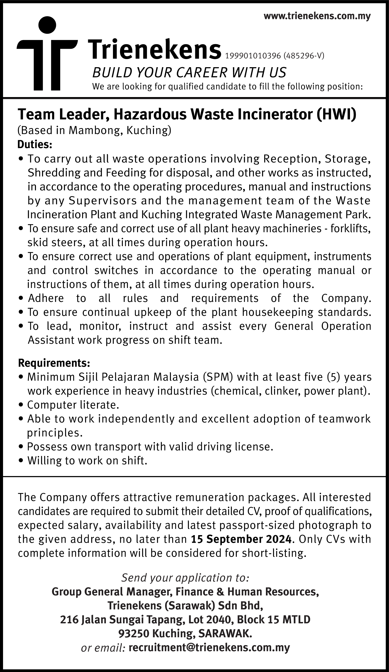 Career | Trienekens (Sarawak) Sdn. Bhd.