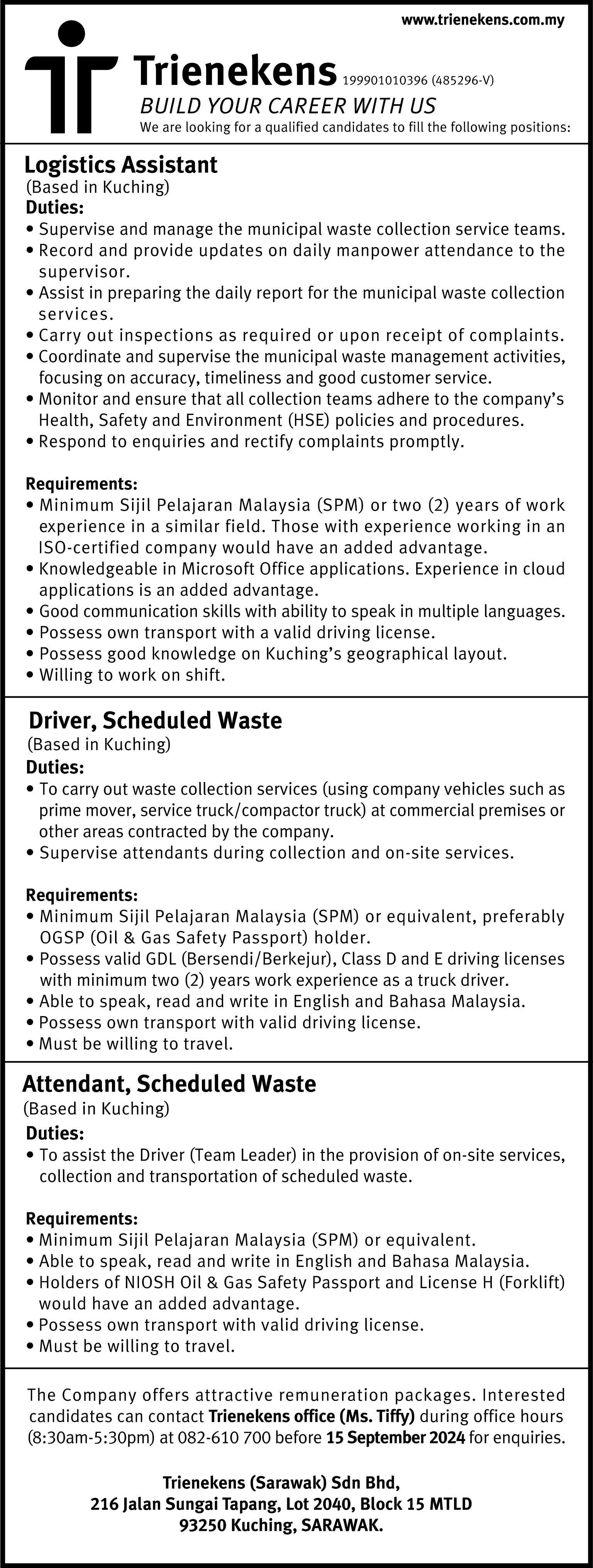 Career | Trienekens (Sarawak) Sdn. Bhd.